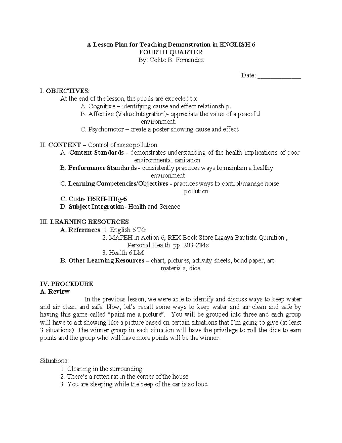 A Lesson Plan for Teaching Noise Pollution in ENGLISH 6 4TH QTR - Studocu