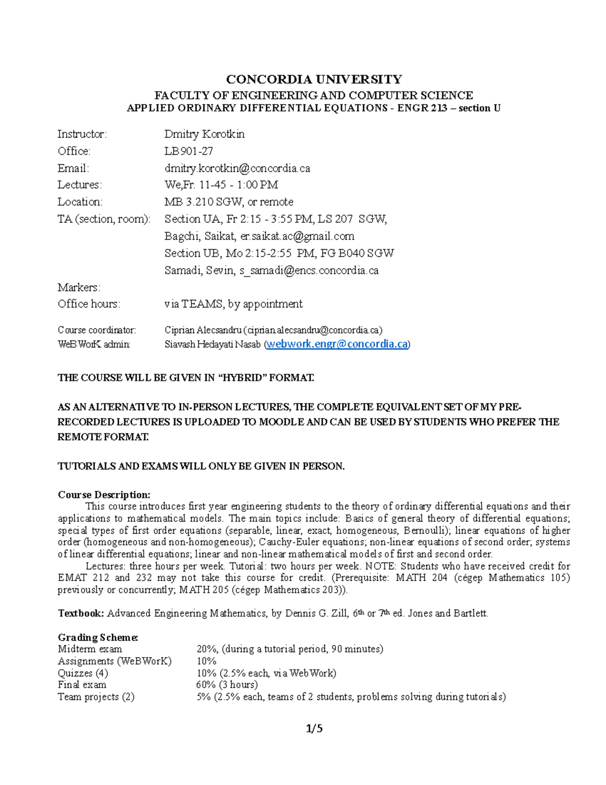 ENGR-213 U Applied Ordinary Differential Equations Course Outline - Studocu