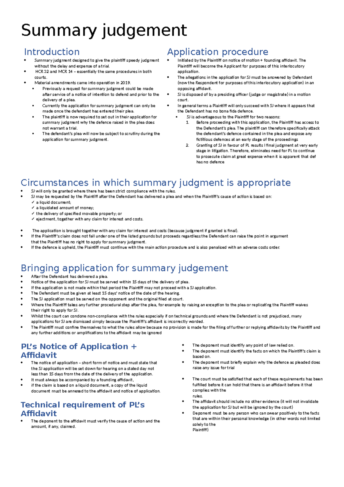 Summary Judgment - HCR 32 & MCR 14 Overview and Procedures - Studocu
