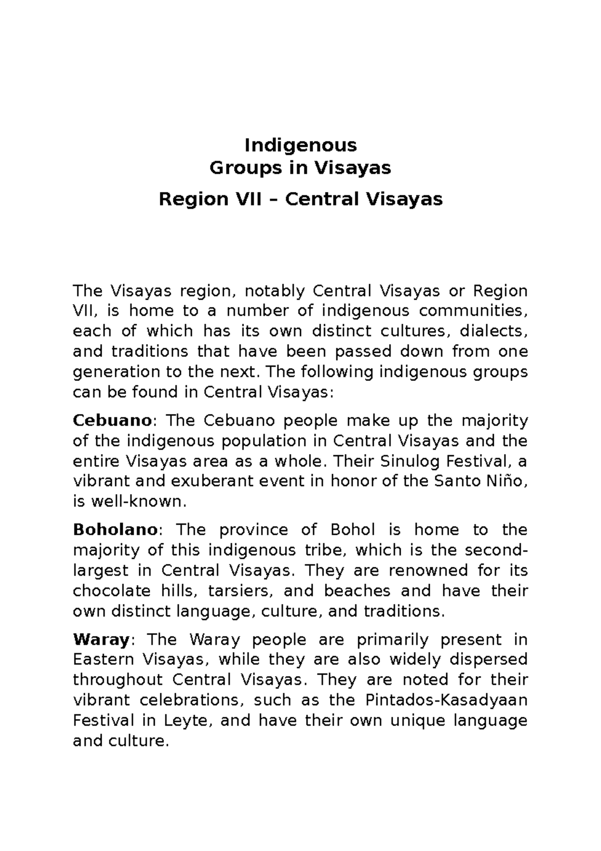 Indigenous Peoples and Cultures in Central Visayas (Region VII) - Studocu