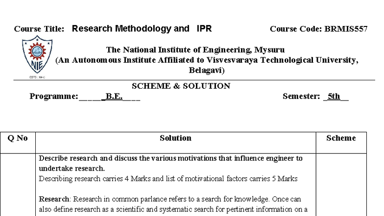 Research Methodology & IPR: Scheme Solutions for BRMIS557 - Studocu