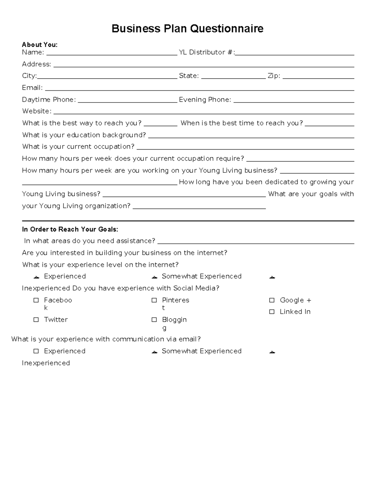 Business Plan Questionnaire for YL Distributor Insights - Studocu