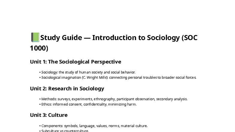 Sociology Study Guide (SOC 101): Key Concepts & Theories - Studocu