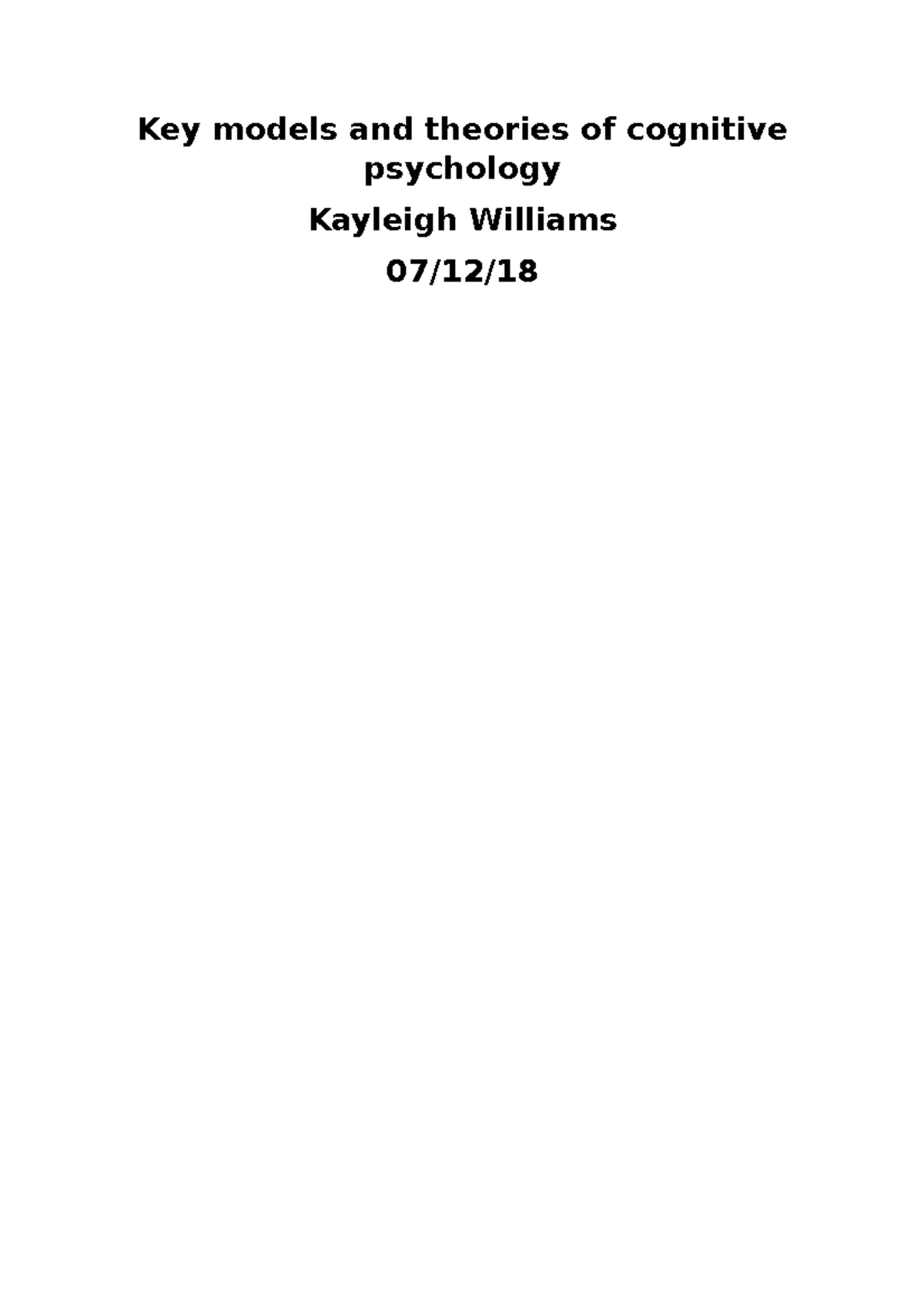 Key Models and Theories of Cognitive Psychology (Unit 15 Report) - Studocu