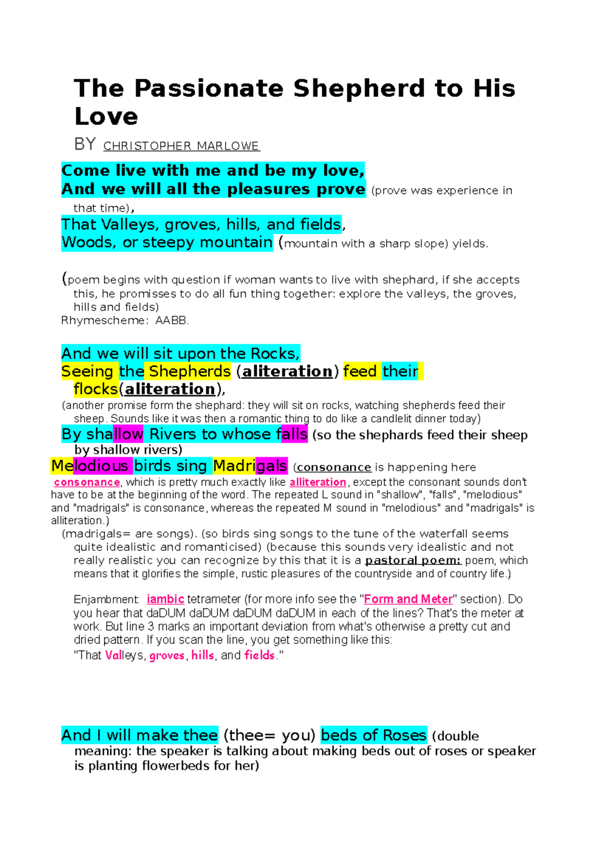 The Passionate Shepherd to His Love - (poem begins with question if ...