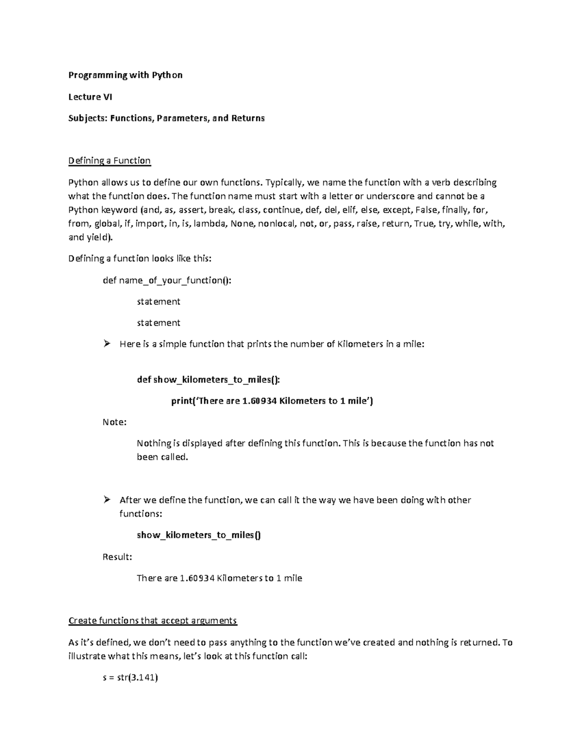 Programming with Python: Lecture VI - Functions - Studocu