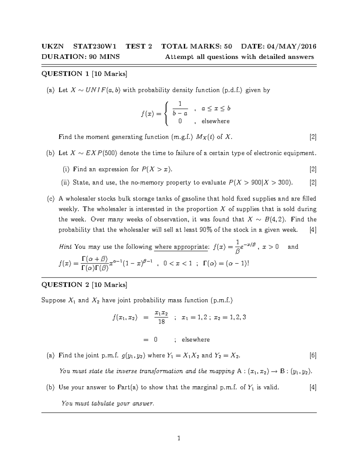 2016 Test 2 - TEST 2 OF STAT230 - UKZN STAT230W1 TEST 2 TOTAL MARKS: 50 ...