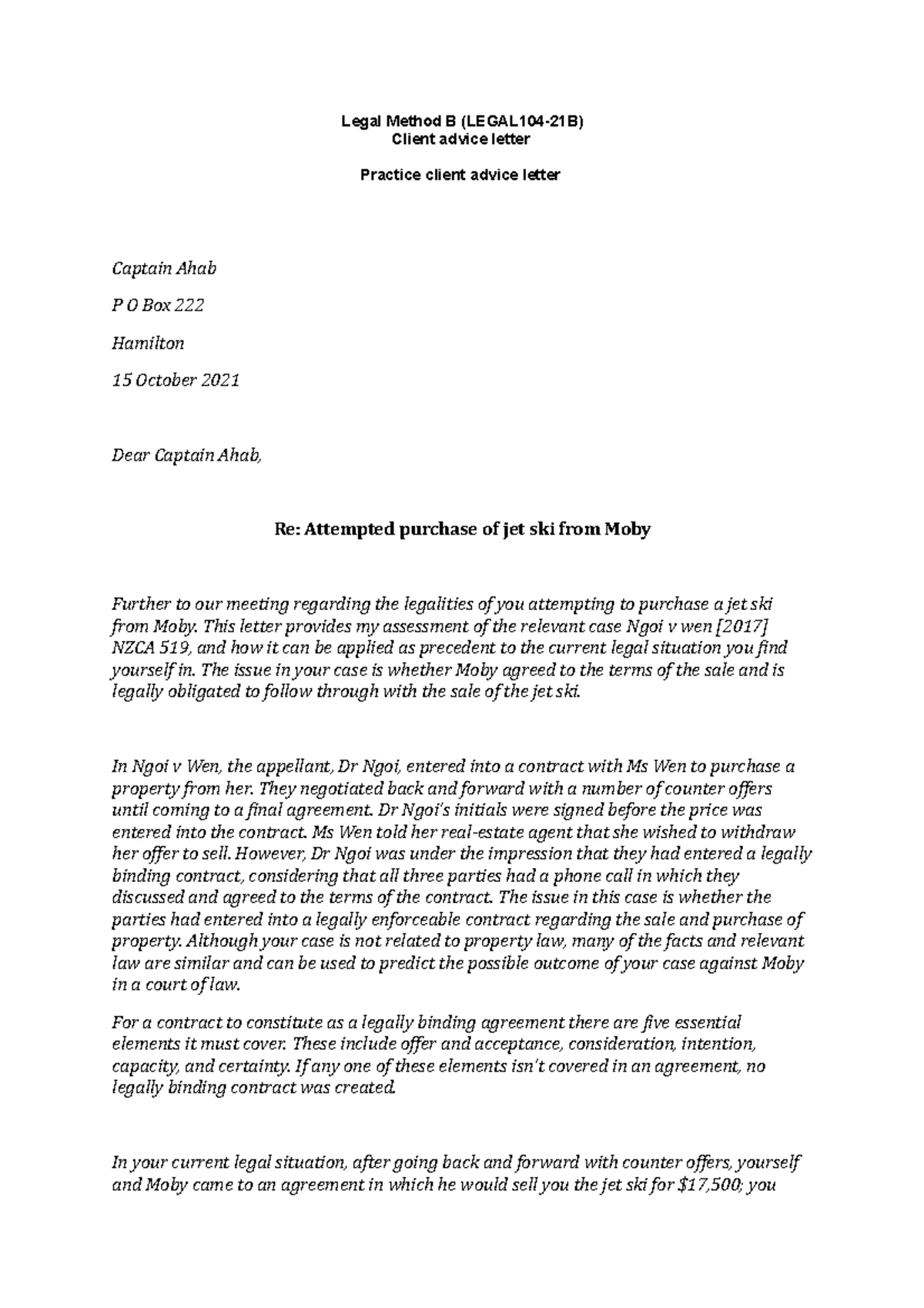 LEGAL104 client advice letter assessment - 1 Client advice letter ...