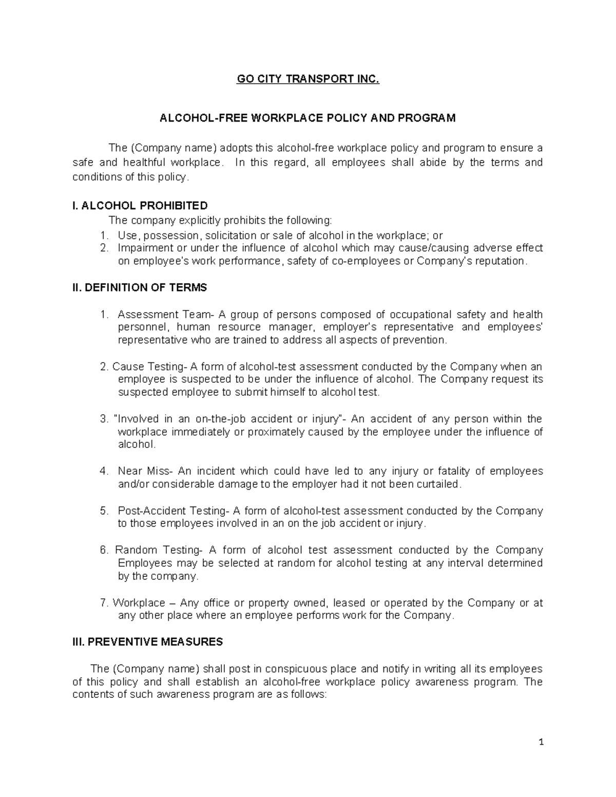 GO CITY TRANSPORT INC. Alcohol-Free Workplace Policy & Program - Studocu