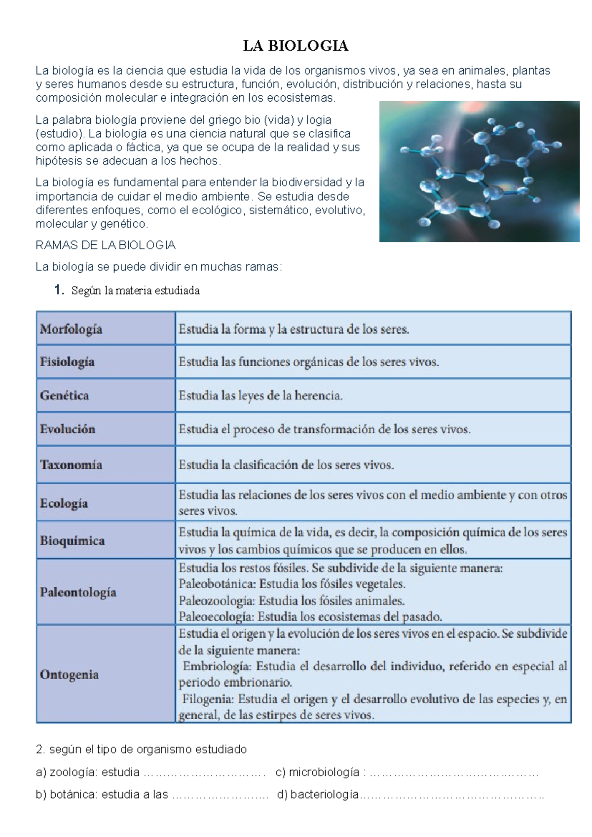 Ficha DE Trabajo 1RO SEC - LA BIOLOGIA La biología es la ciencia que ...