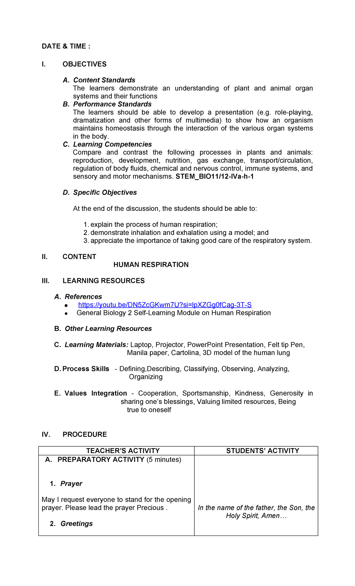 Science LP - 7E's Lesson Plan on Human Respiration and Organ Systems ...