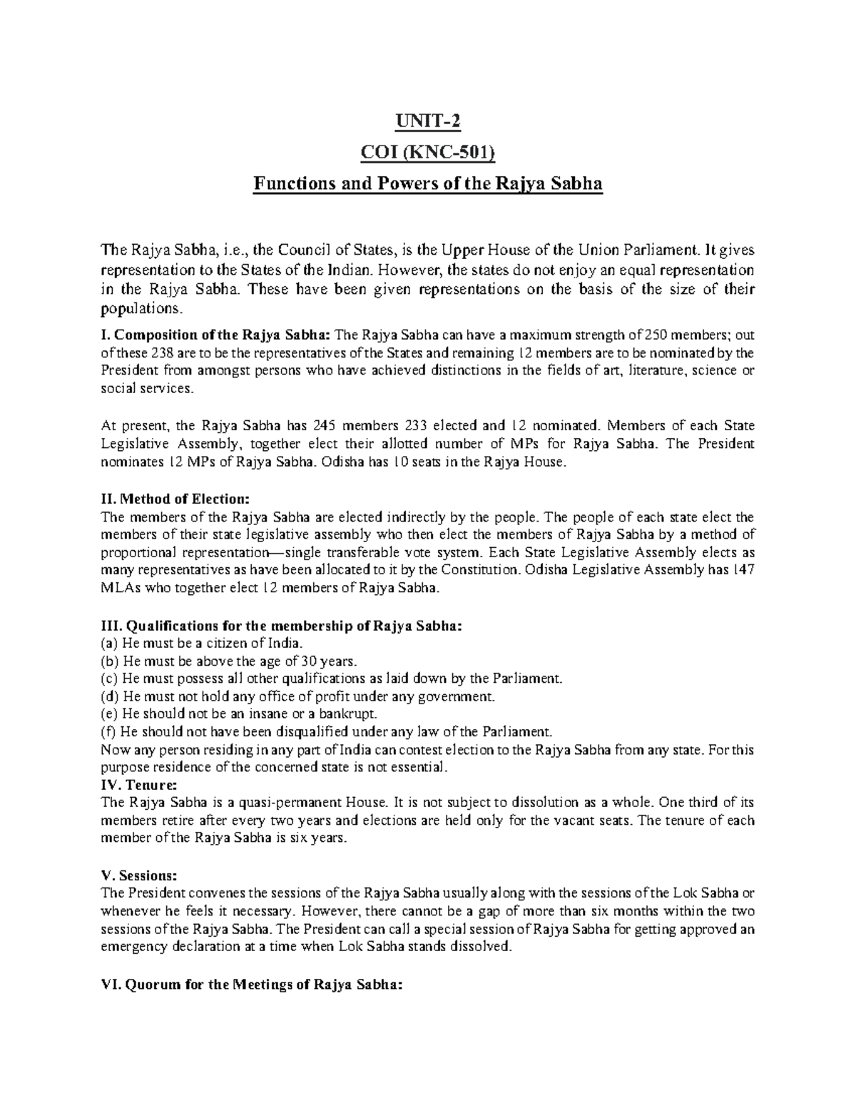 COI Notes: Functions and Powers of the Rajya Sabha - Studocu