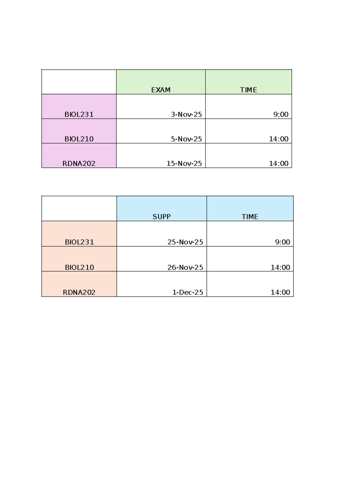 Exam Timetable - Biol 231 - EXAM TIME BIOL231 3-Nov-25 9: BIOL210 5-Nov ...