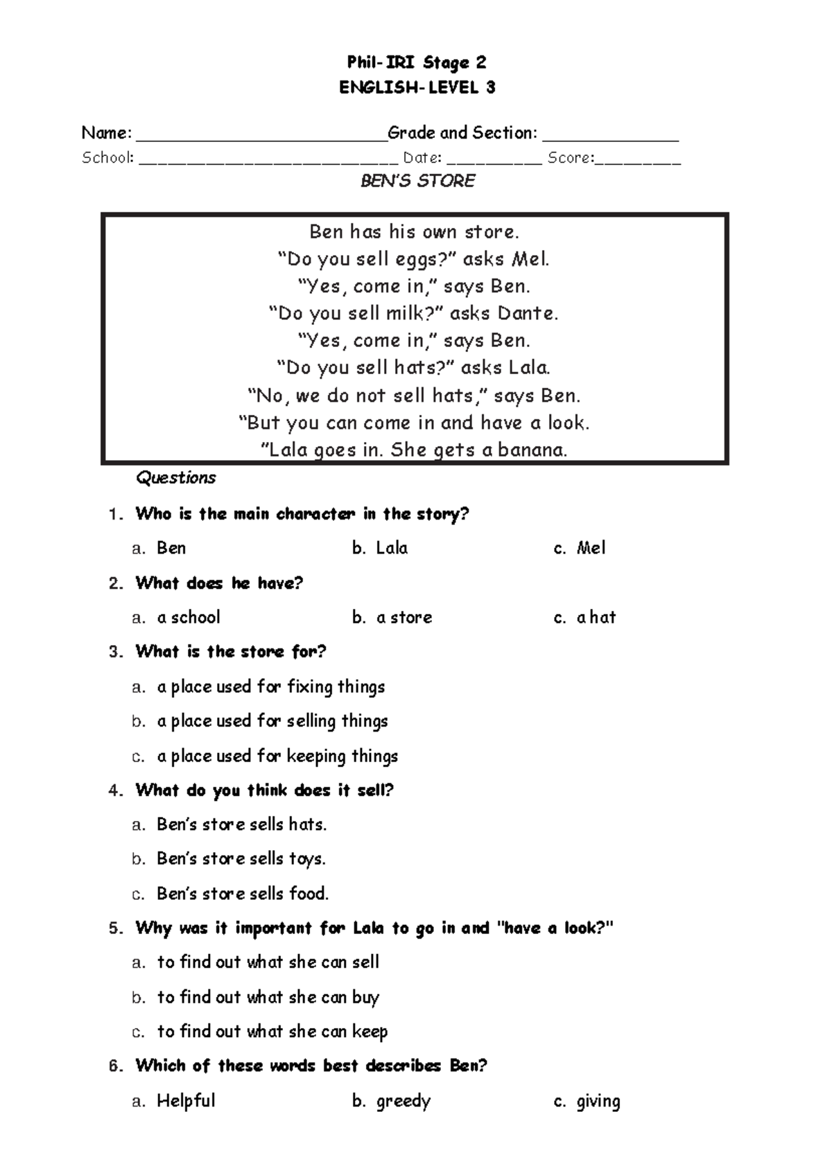 Stage 2 - Eng Level 3 - Reading Comprehension: Ben's Store Activities ...