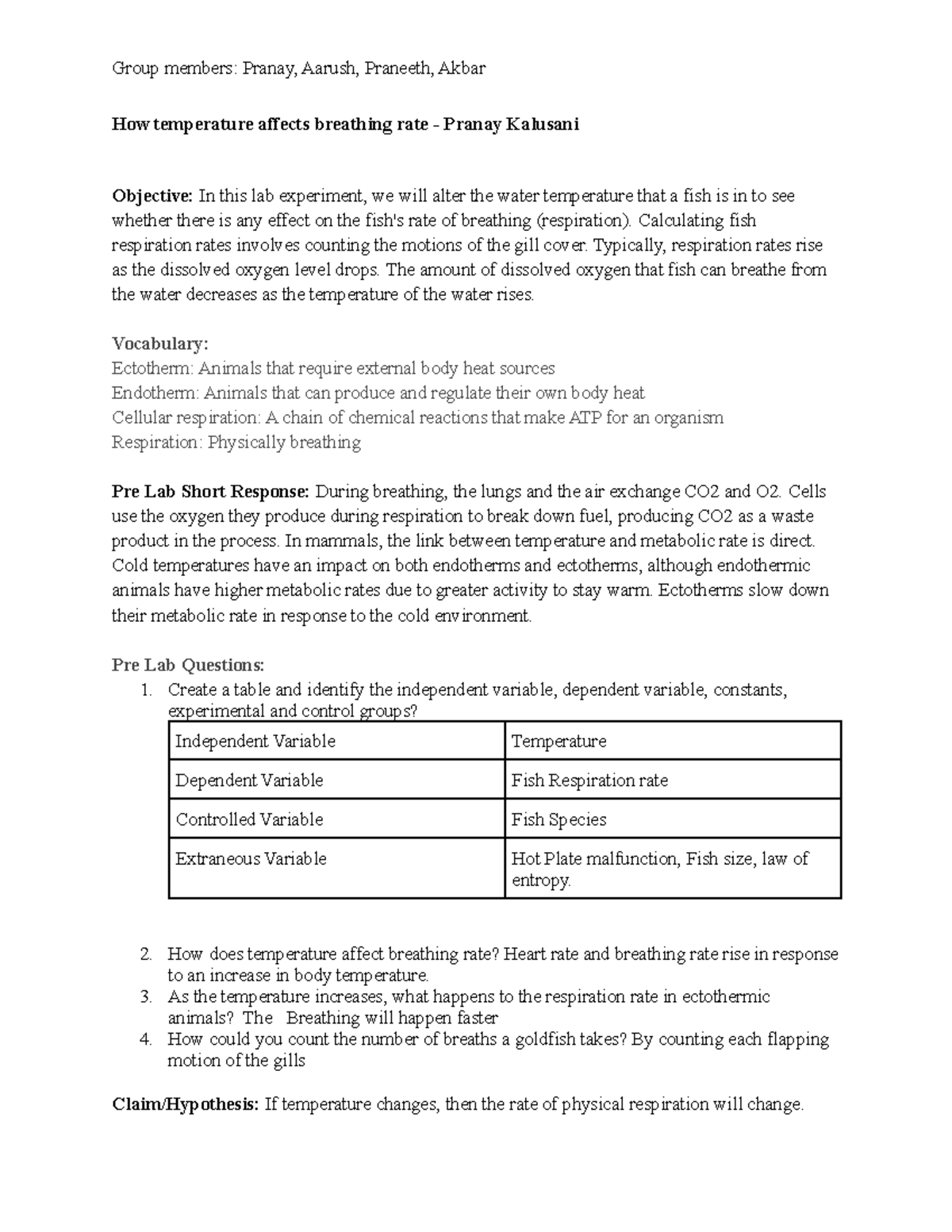 Honors Biology Goldfish Lab - Pranay Kalusani - How temperature affects ...