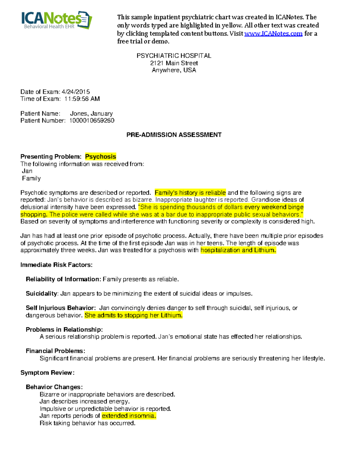 Comprehensive Inpatient Chart - SOAP Notes for PSYCH 2121 - Studocu
