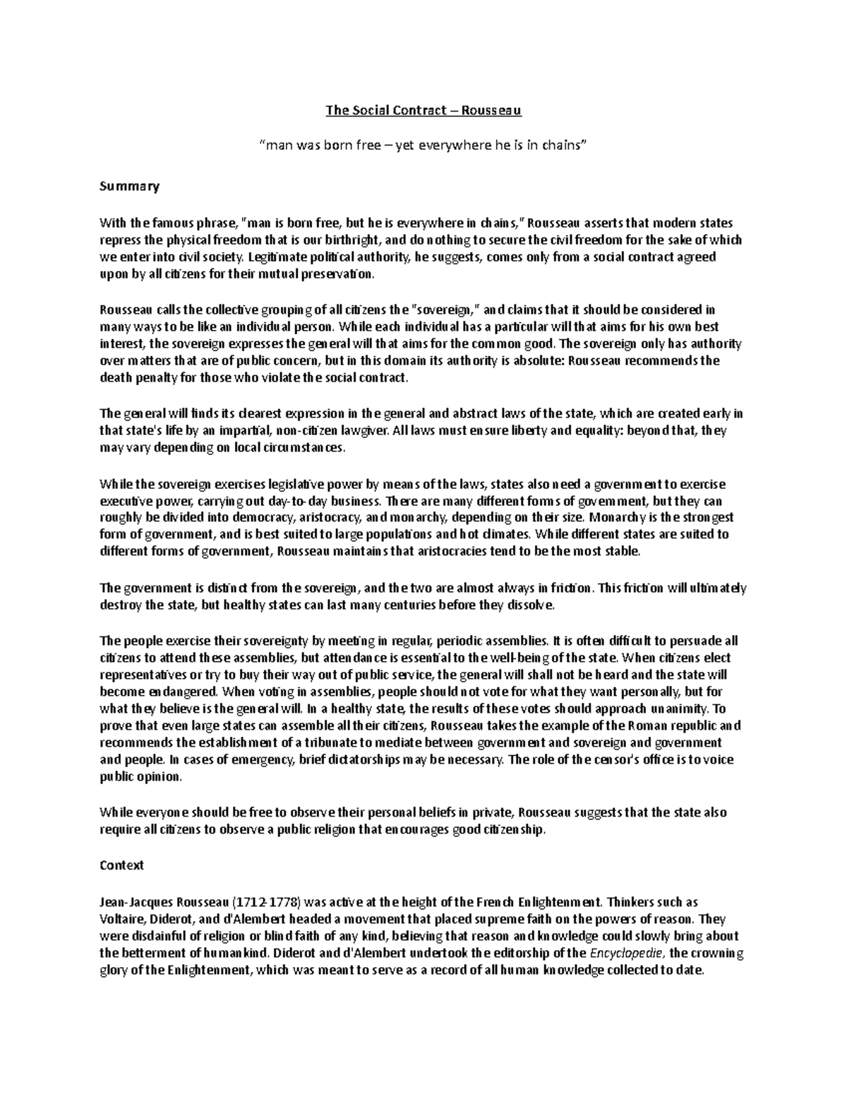 Summary of "The Social Contract" by Rousseau - PHIL 101 Overview - Studocu