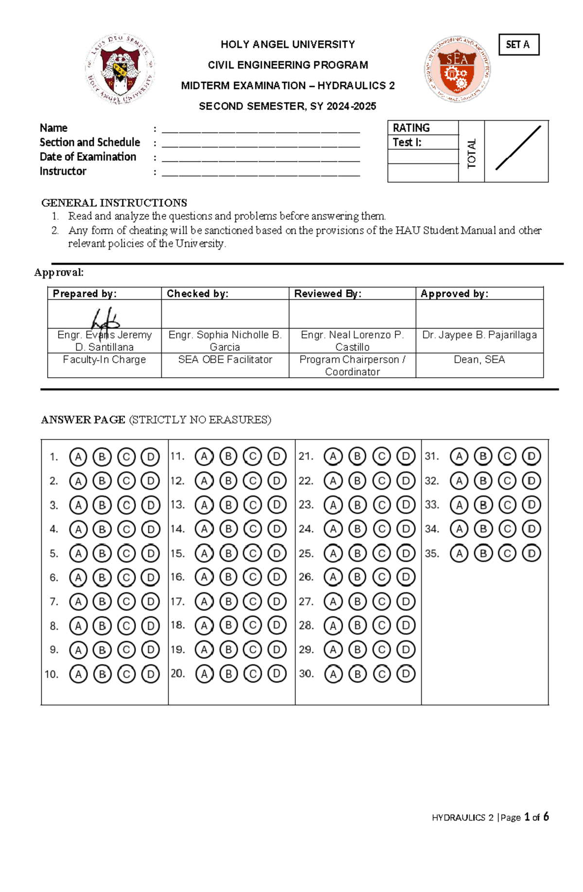 HOLY ANGEL UNIVERSITY CE 2ND SEM MIDTERM EXAMINATION - HYDRAULICS 2 ...