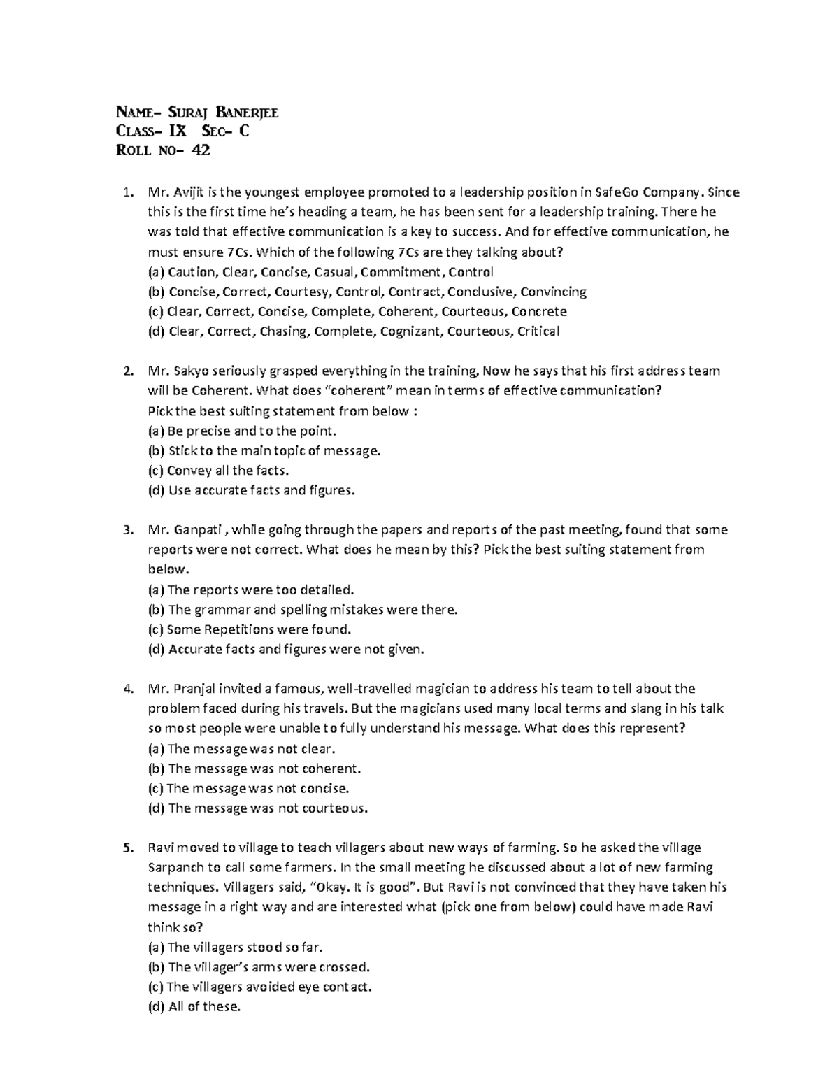 Class 9 MA Comp - Effective Communication & Leadership Training Quiz ...