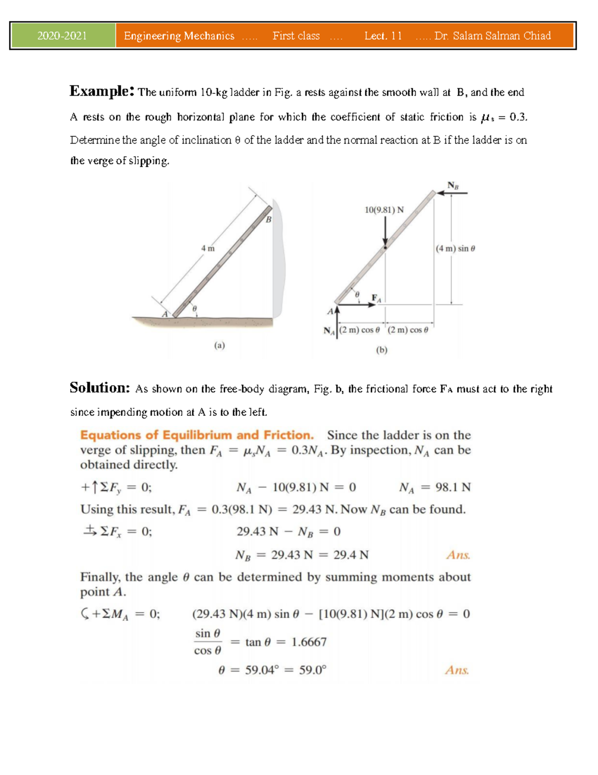 MECH 101 - Examples and Solutions on Ladder and Beam Mechanics - Studocu