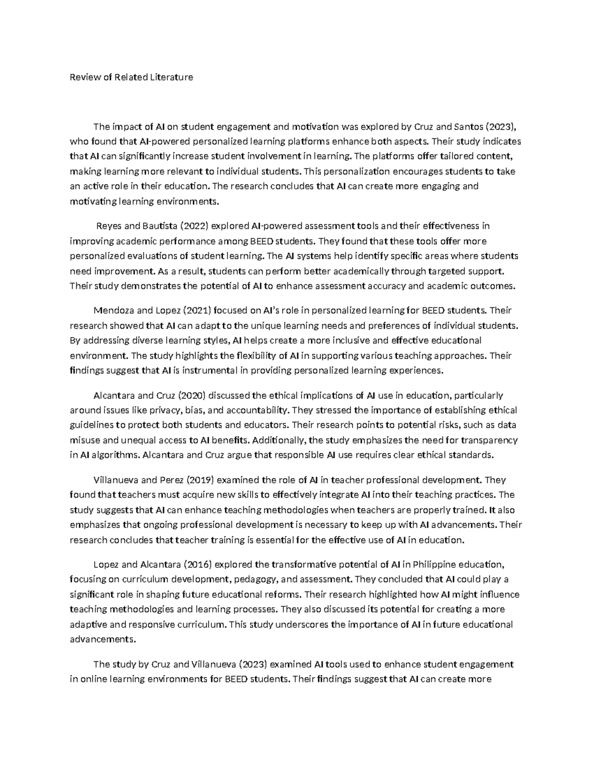 RRL - The Impact of AI on Student Engagement & Learning in BEED - Studocu