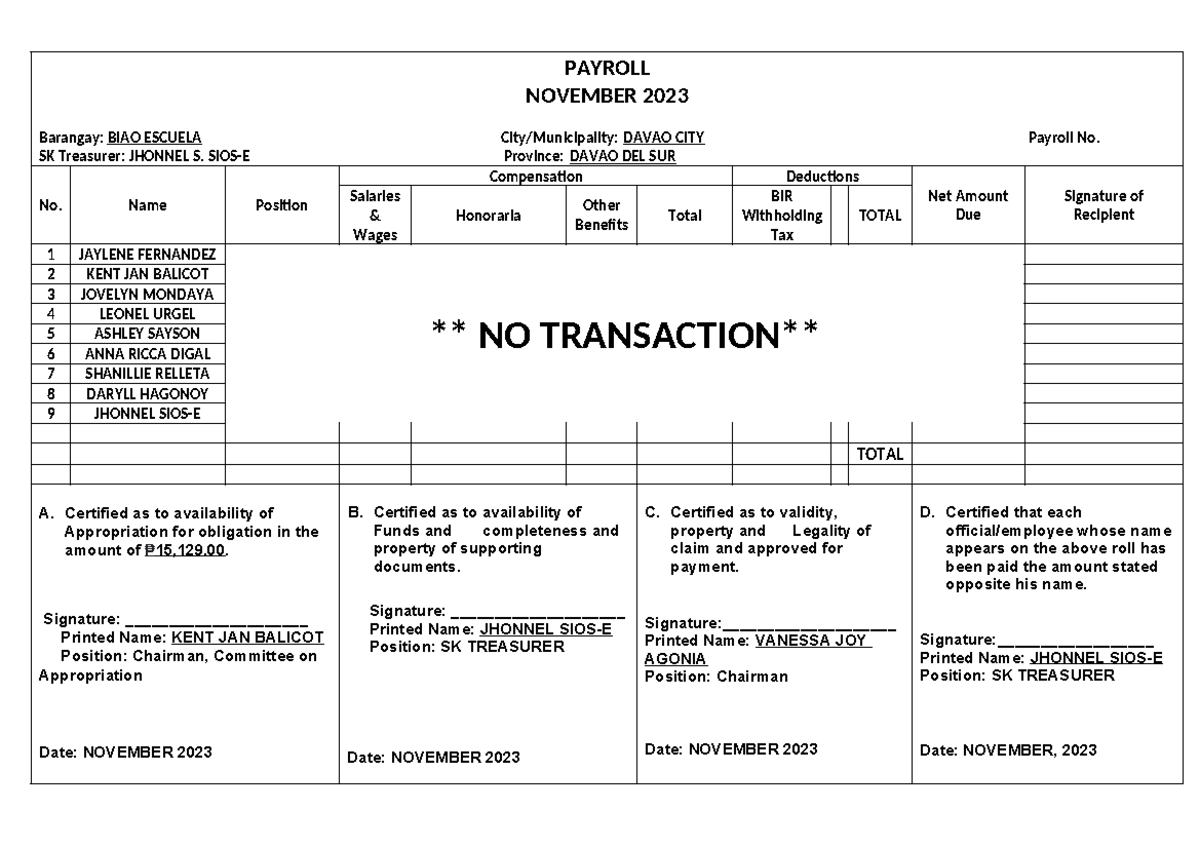 Payroll Records for Barangay Biao Escuela SK (Nov 2023 - Mar 2024 ...