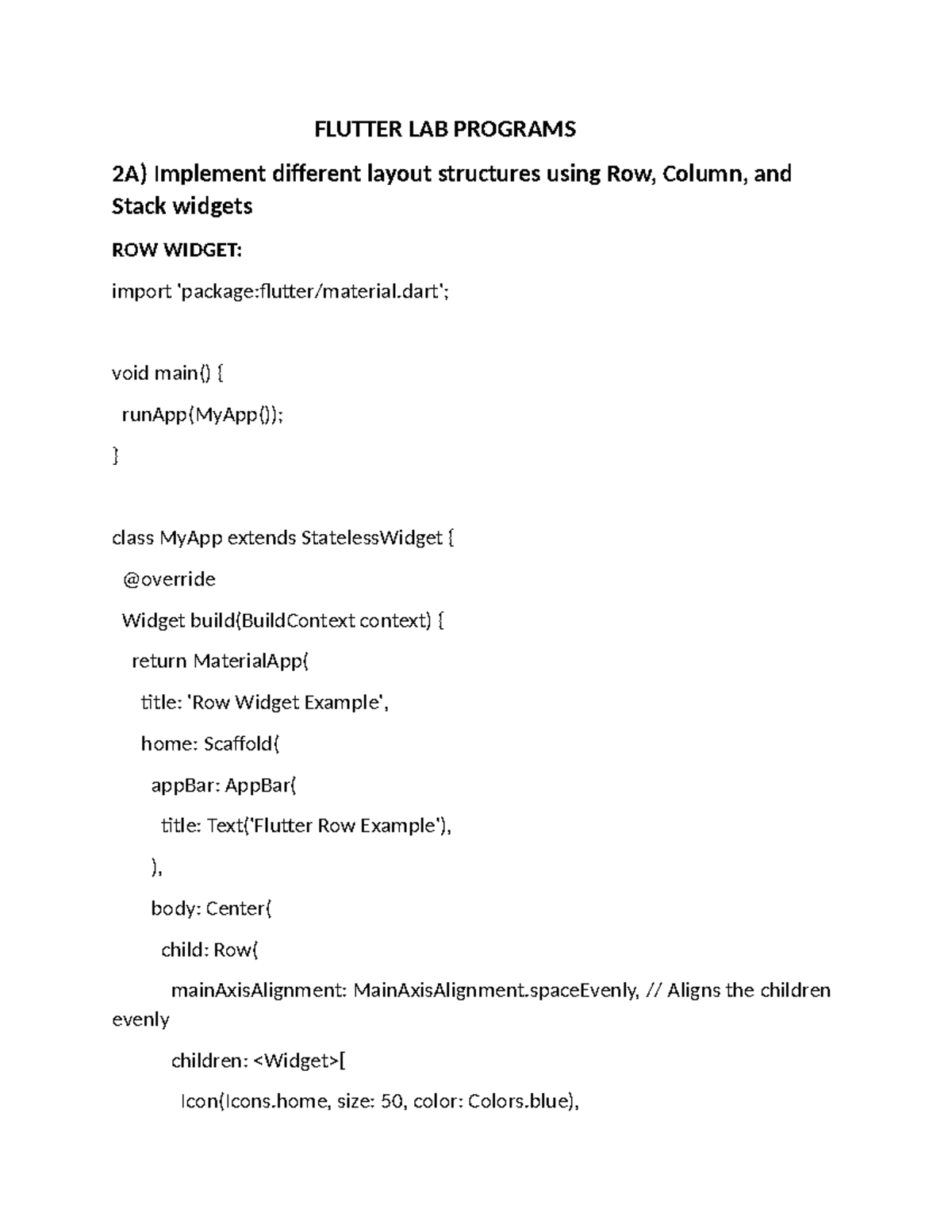 Flutter LAB Programs: Layout Structures with Row, Column, Stack - Studocu