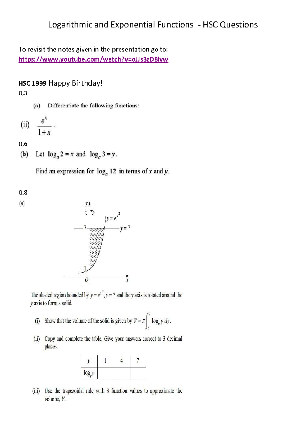 Uow218648 - logarithmic - Logarithmic and Exponential Functions - HSC Questions To revisit the ...