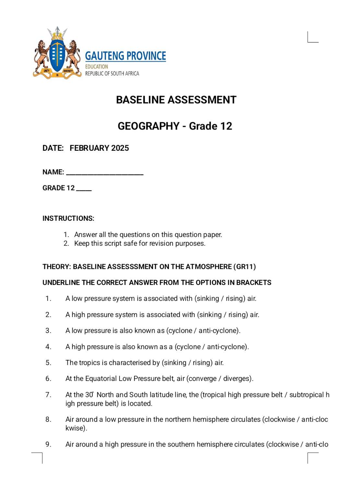 Grade 12 Geography Baseline Assessment QP - Feb 2025 - Studocu