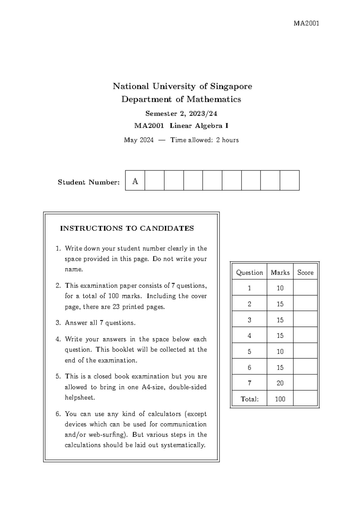 AY2023/24 Sem 2 MA2001 Linear Algebra I Final Exam Paper - Studocu