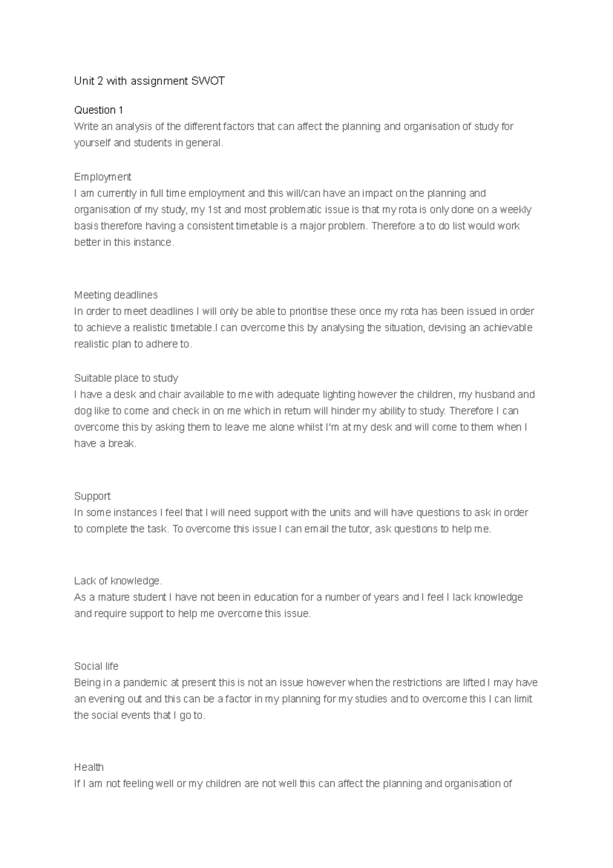 Unit 2 with assignment SWOT - Unit 2 with assignment SWOT Question 1 ...