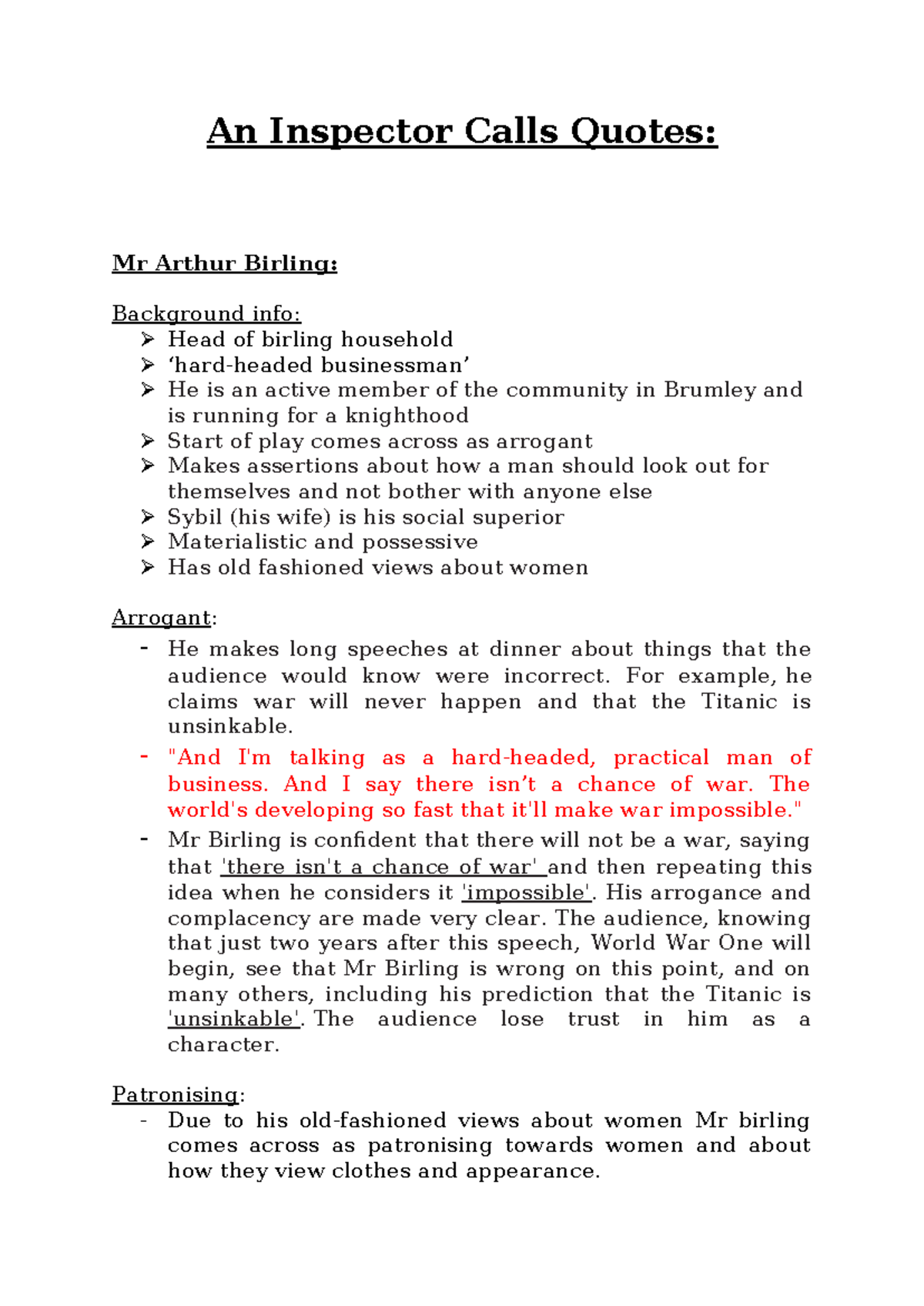 An Inspector Calls: Key Quotes & Character Analysis Guide - Studocu