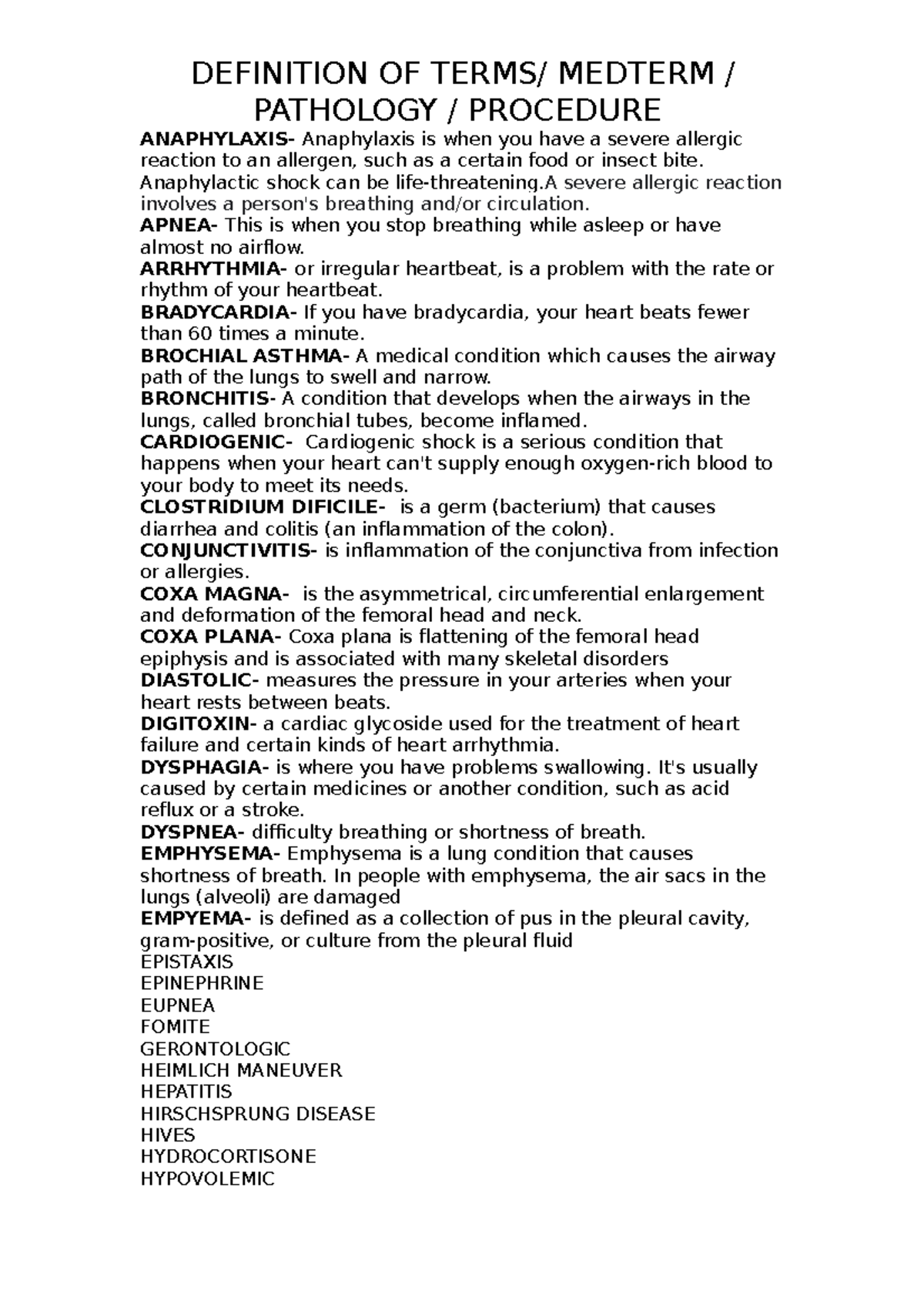 Definition of Medical Terms in Pathology (MEDTERM) - Studocu
