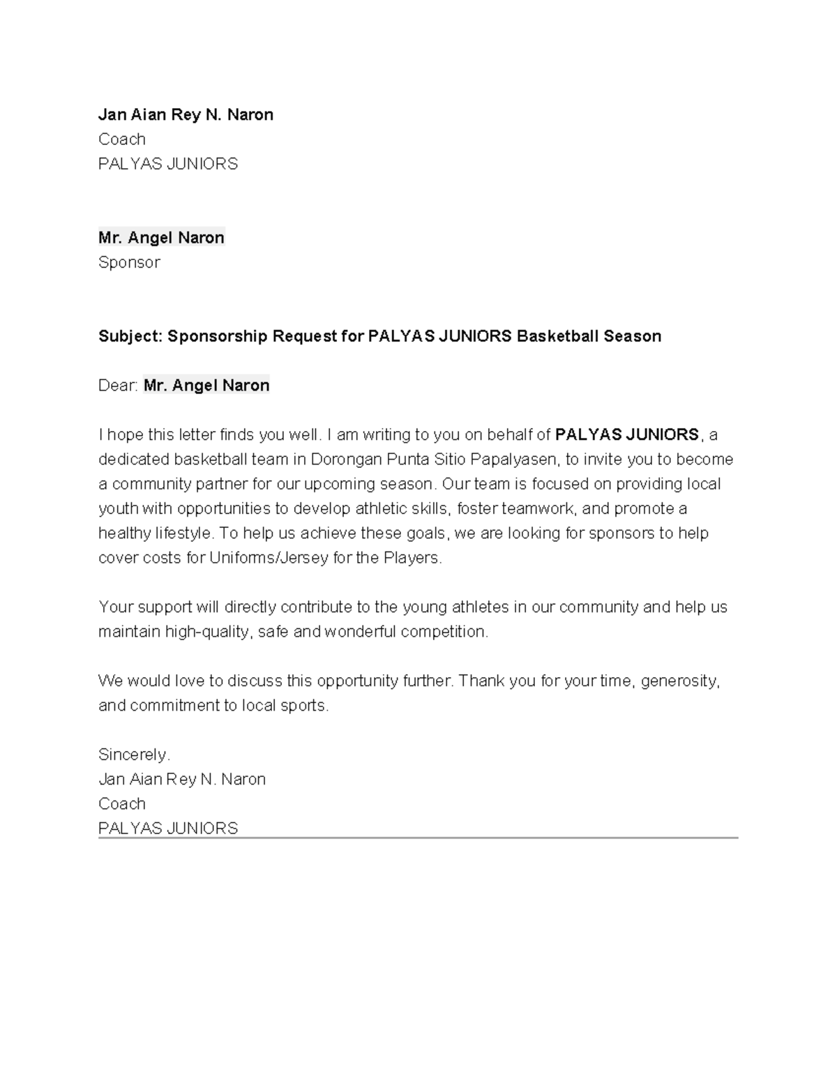 Sponsorship Request Letter for PALYAS JUNIORS Basketball Team - Studocu