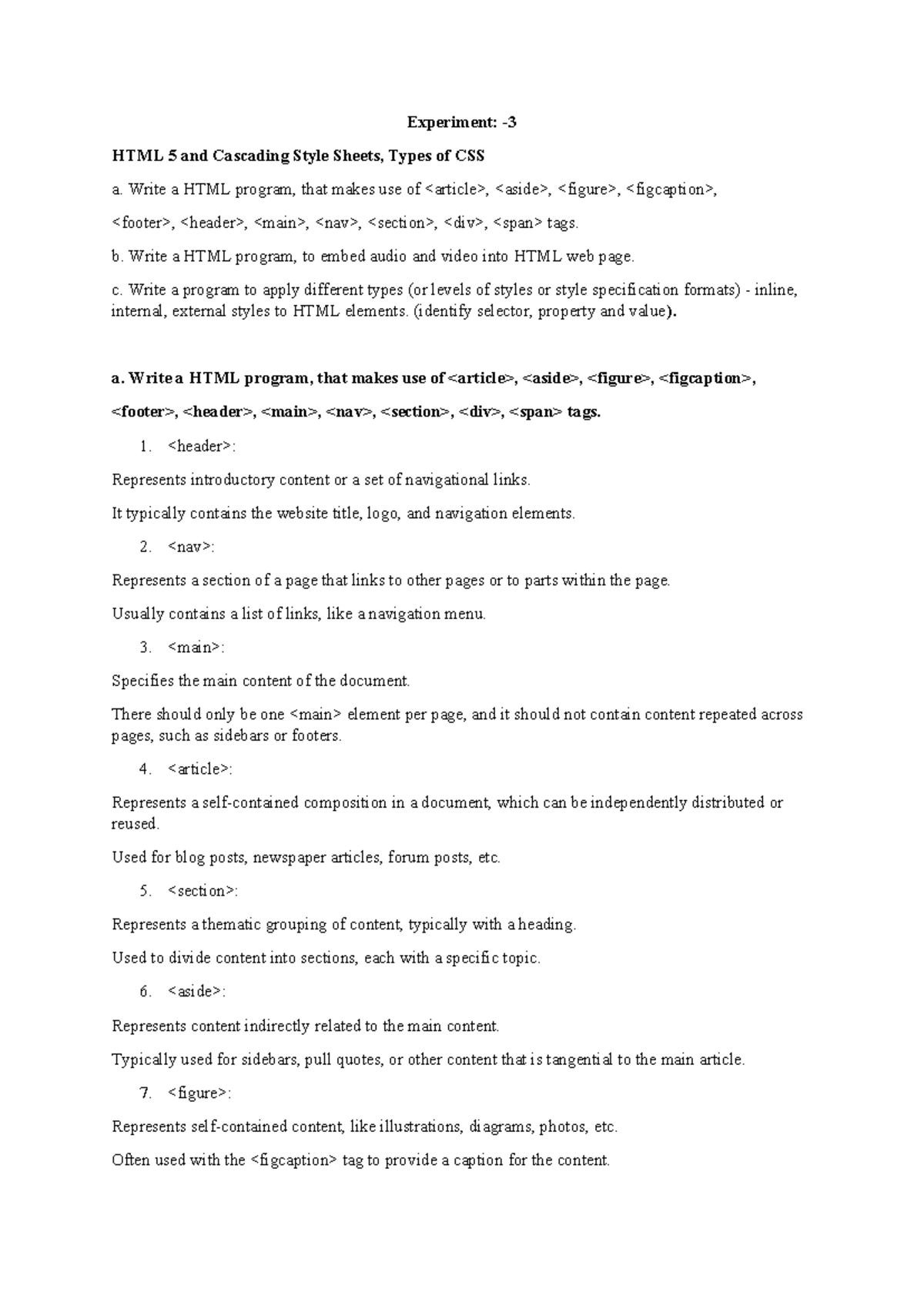 Experiment 3 - Key Concepts and Code Samples for HTML5 & CSS - Studocu