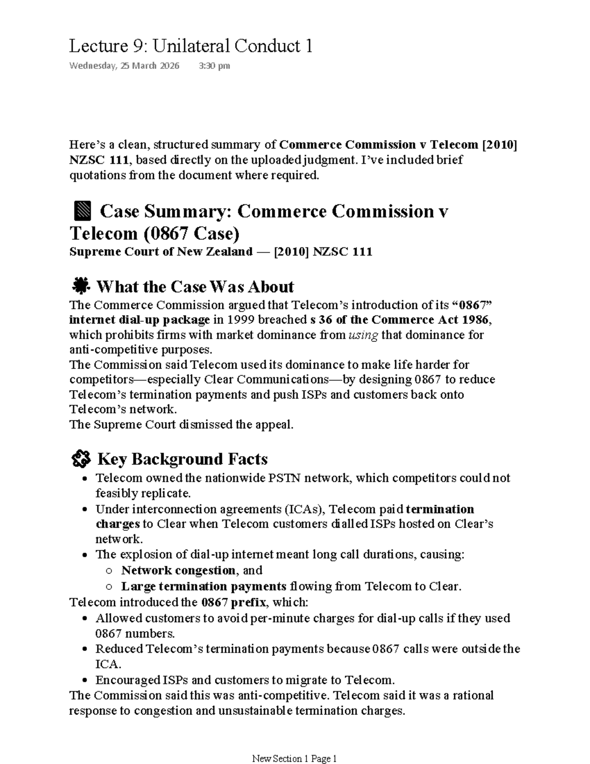 Case Summary: Commerce Commission v Telecom [2010] NZSC 111 - Studocu