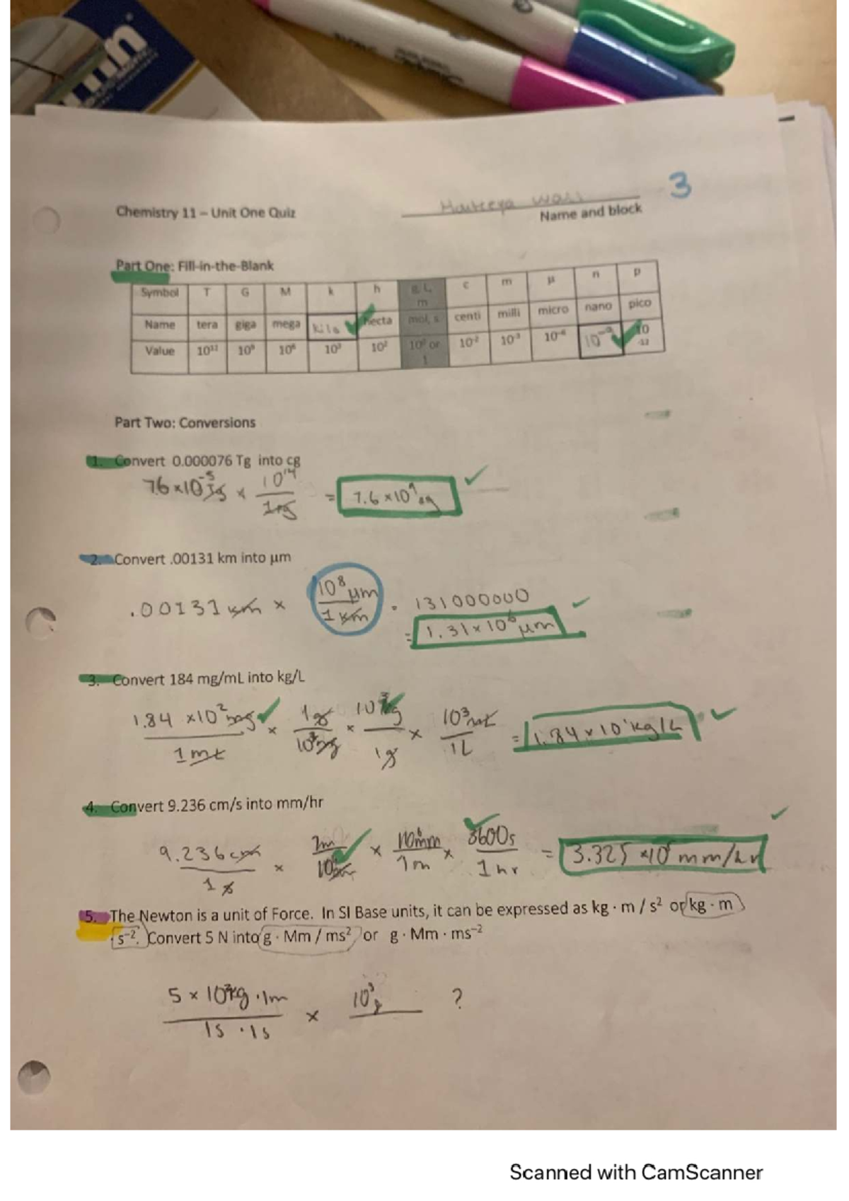 Chemistry 11 Unit One Quiz: Conversions and Units - Studocu