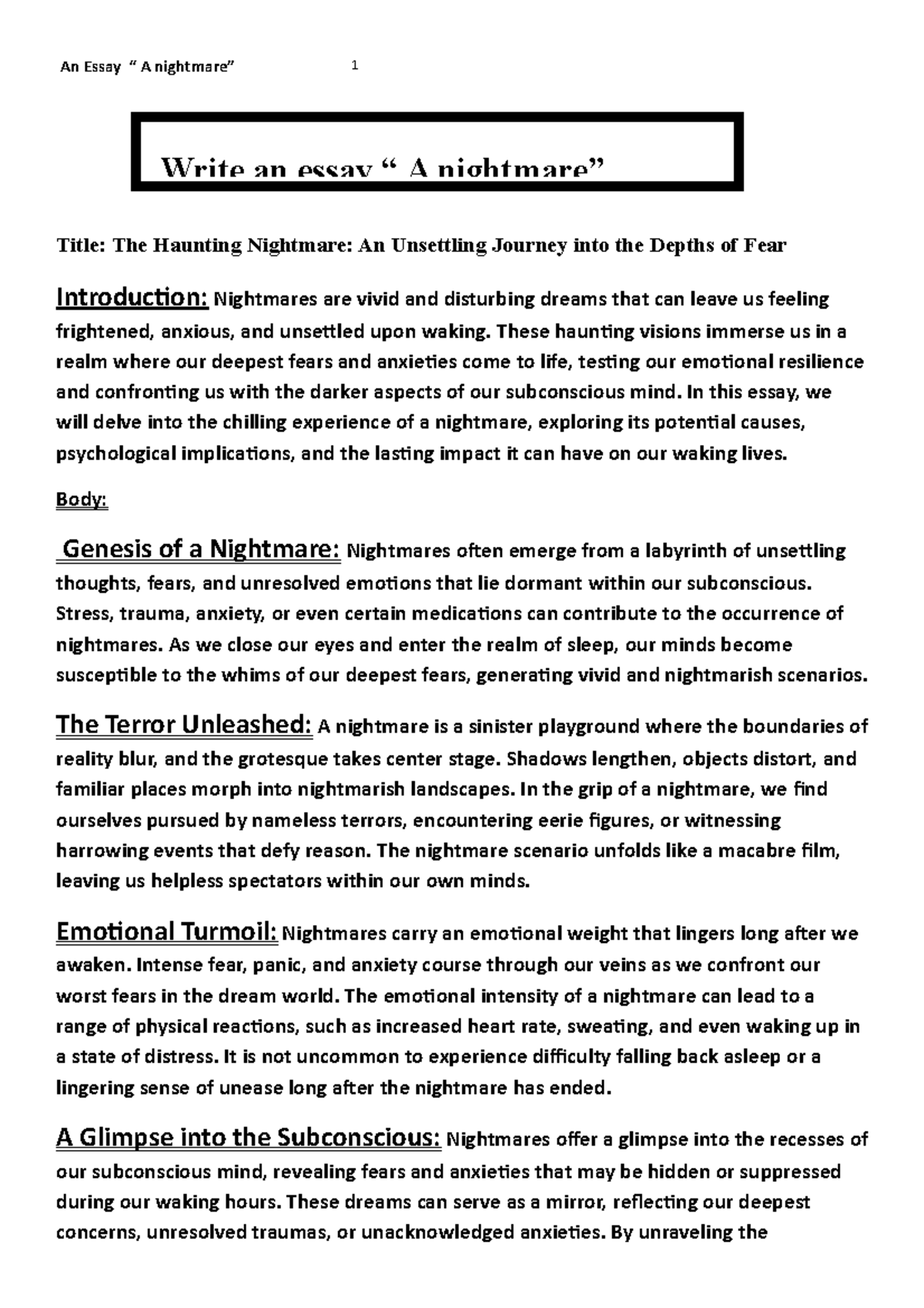 ENG100: The Haunting Nightmare – Exploring the Depths of Fear in Dreams ...