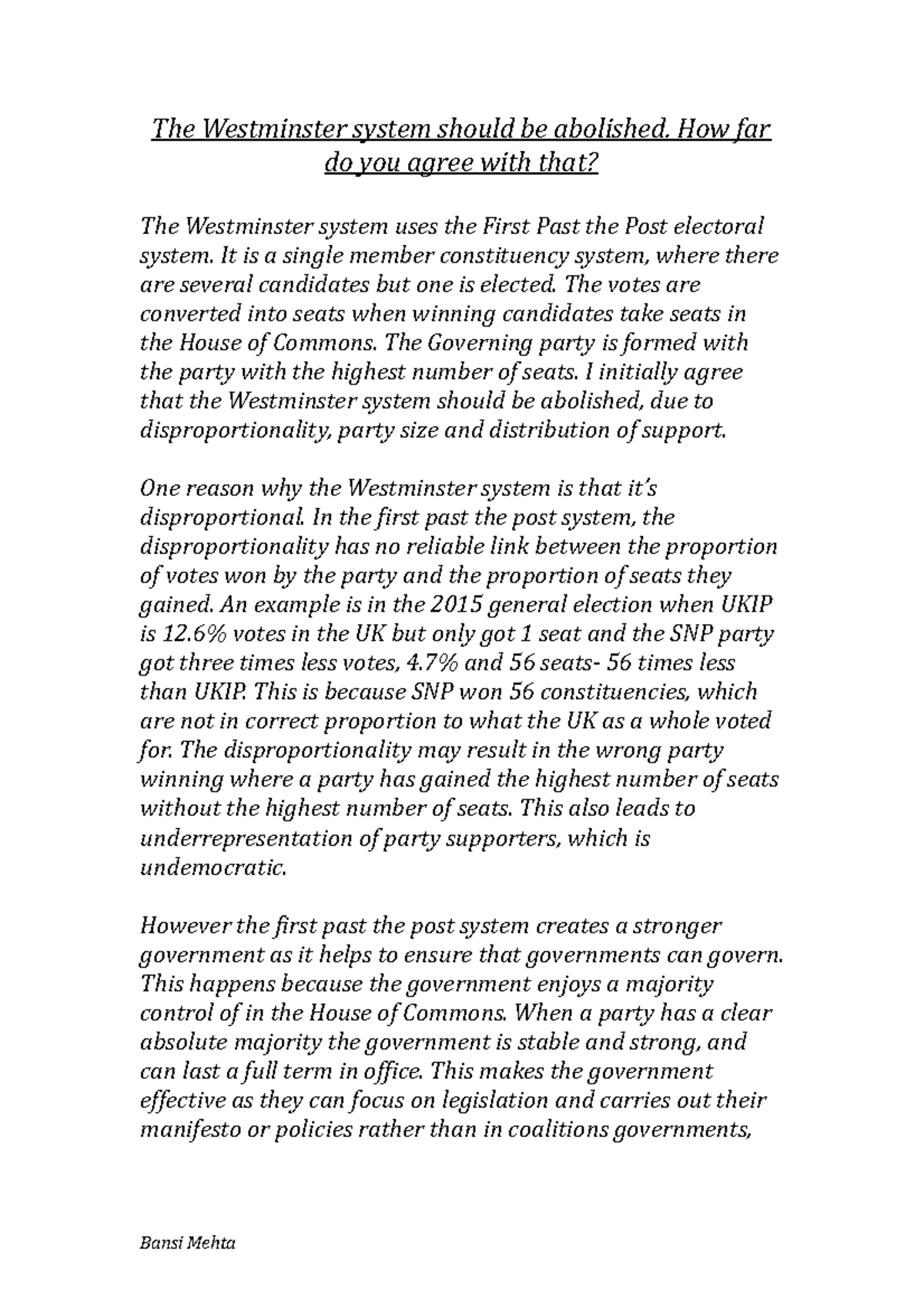 The Westminster system should be abolished - How far do you agree with ...