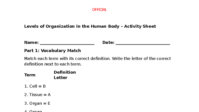 Levels of Organization in the Human Body Activity Sheet - Studocu