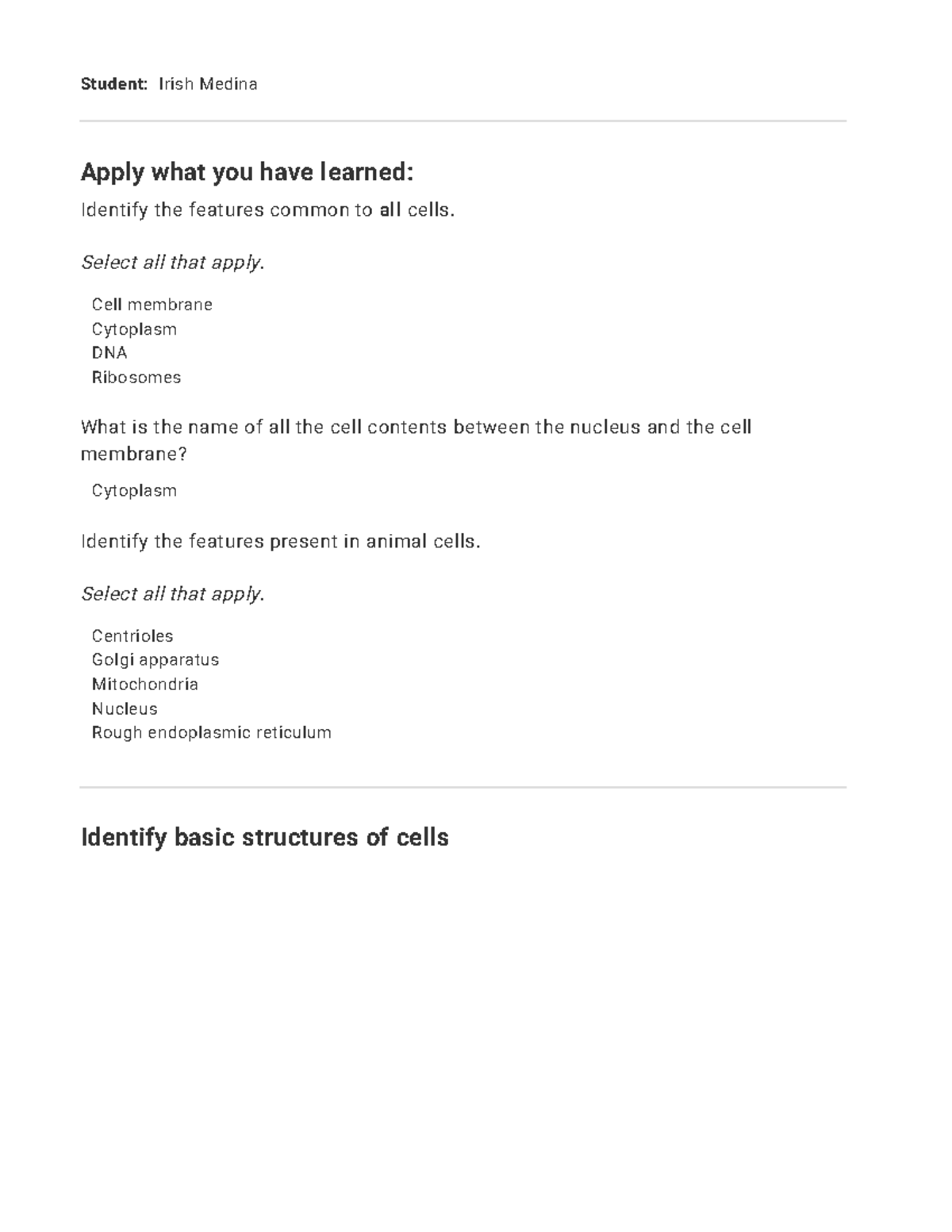 Week 3 V Lab - Cell Structure - Student: Irish Medina Apply what you ...