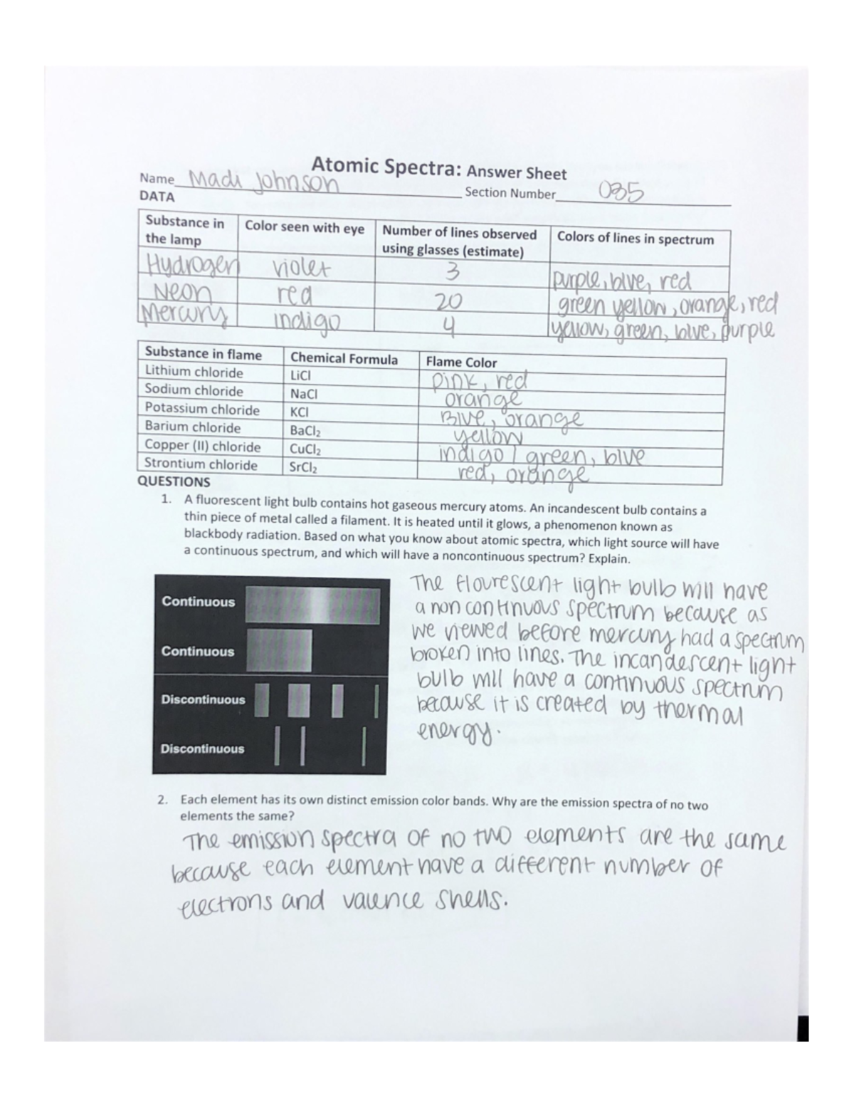 Atomic Spectra 035 Lab: Answer Sheet & Flame Test Results - Studocu