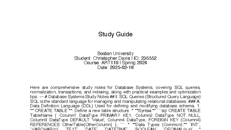 ART110 Spring 2024: Database Systems Study Notes and SQL Guide - Studocu