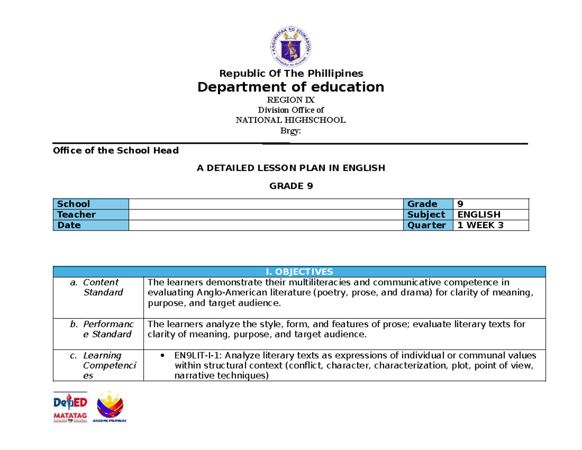 ENG9-Q1W3-DLP: Detailed Lesson Plan on Prose Analysis - Studocu
