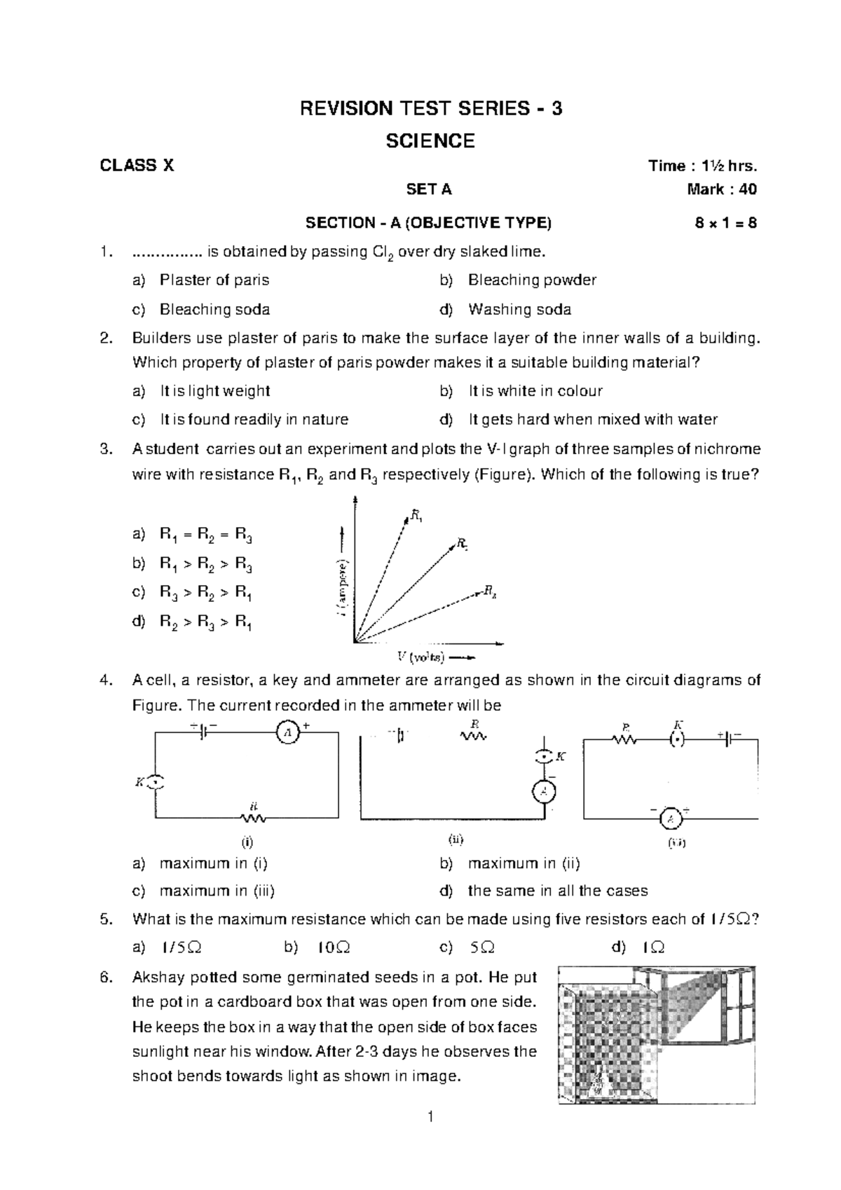 REVISION TEST SERIES 3 SCIENCE CLASS X - SET A & B Practice Questions ...