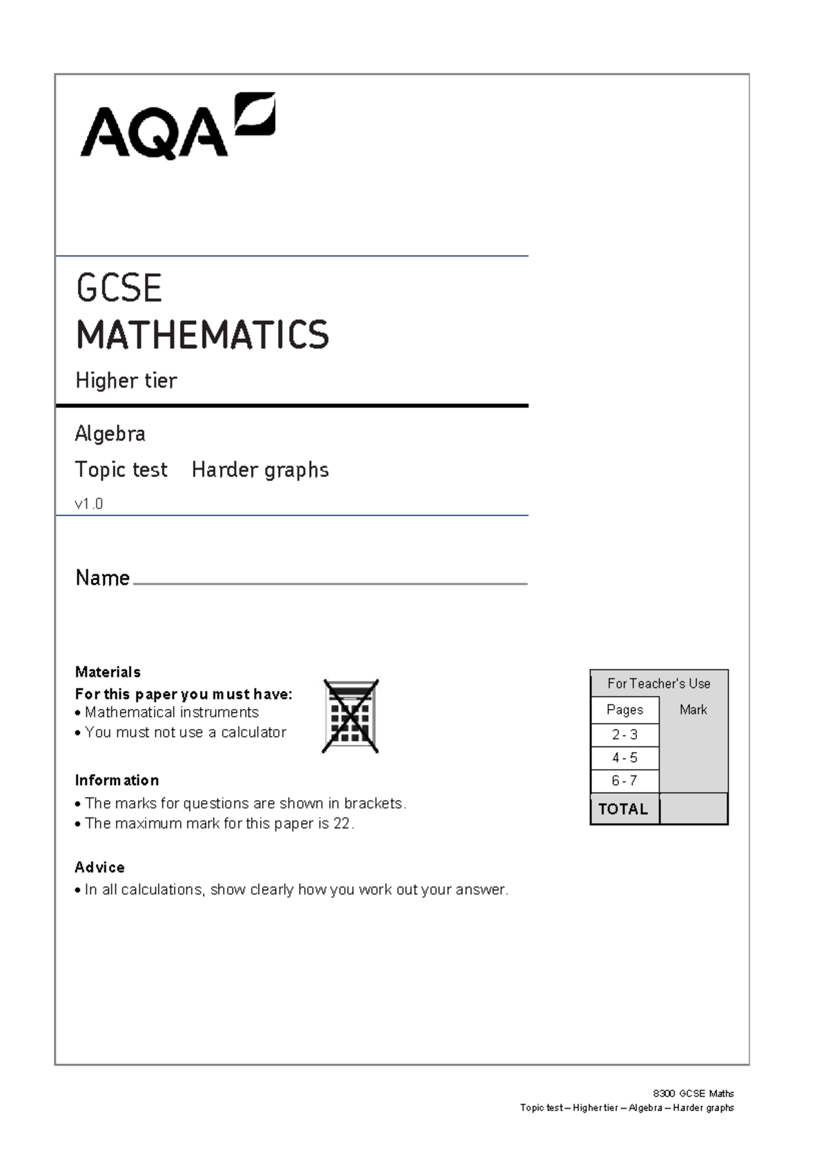GCSE 8300 Maths Higher Tier Algebra Topic Test: Harder Graphs - Studocu