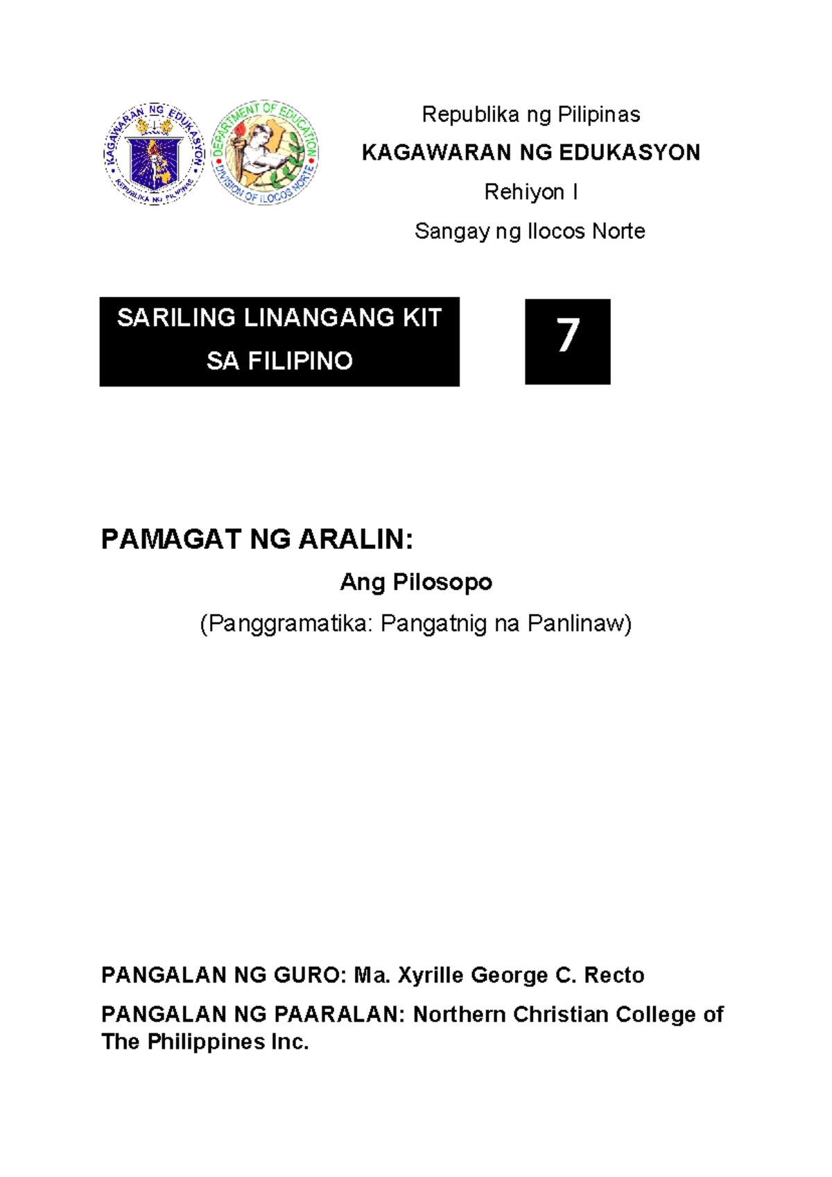 Fil 122. Sariling Linangang Kit sa Pilosopiya at Pandiwa - Studocu