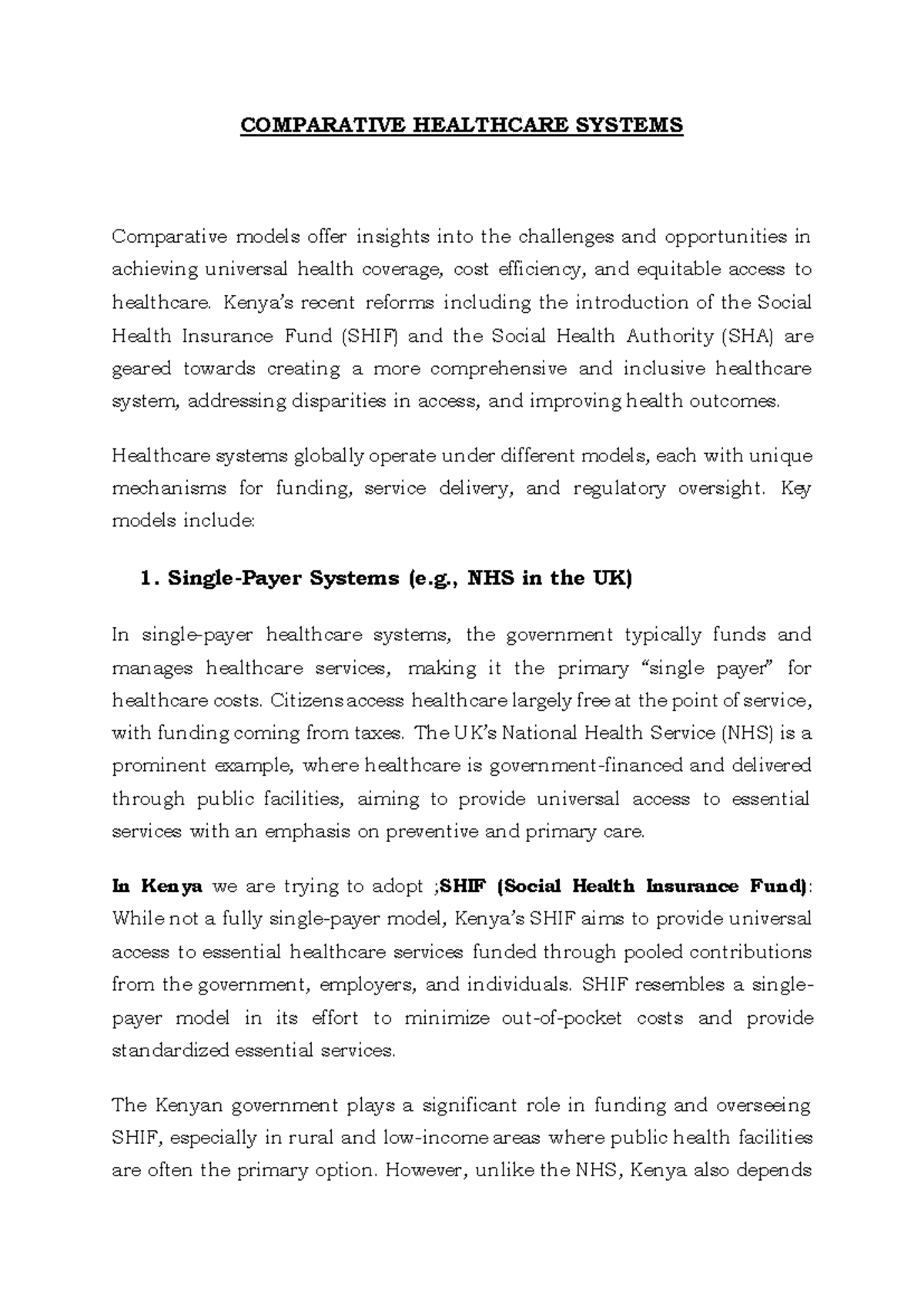 Comparative Analysis of Healthcare Systems: Kenya's SHIF & SHA - Studocu