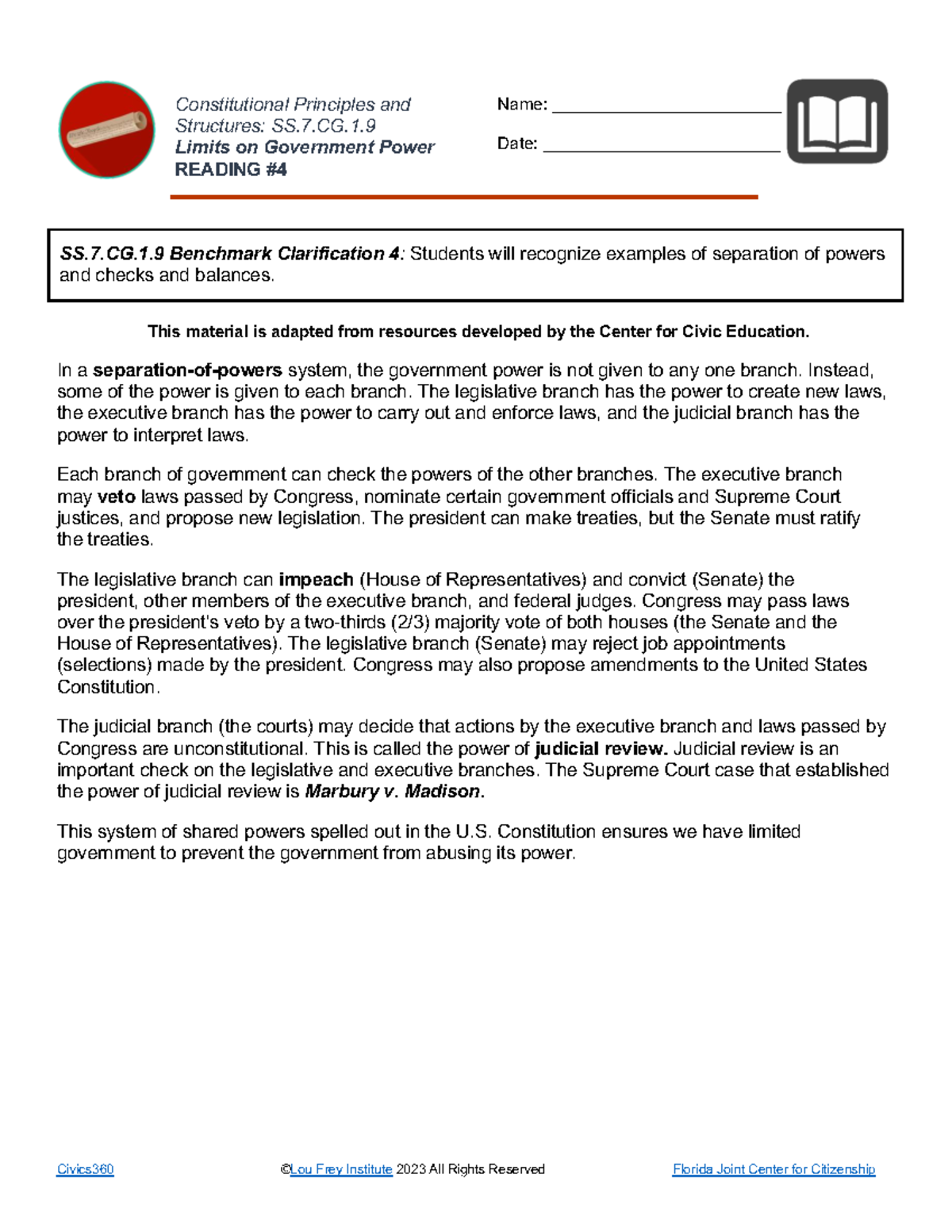 Separation of Powers & Checks and Balances: Reading for SS.7.CG.1.9 ...