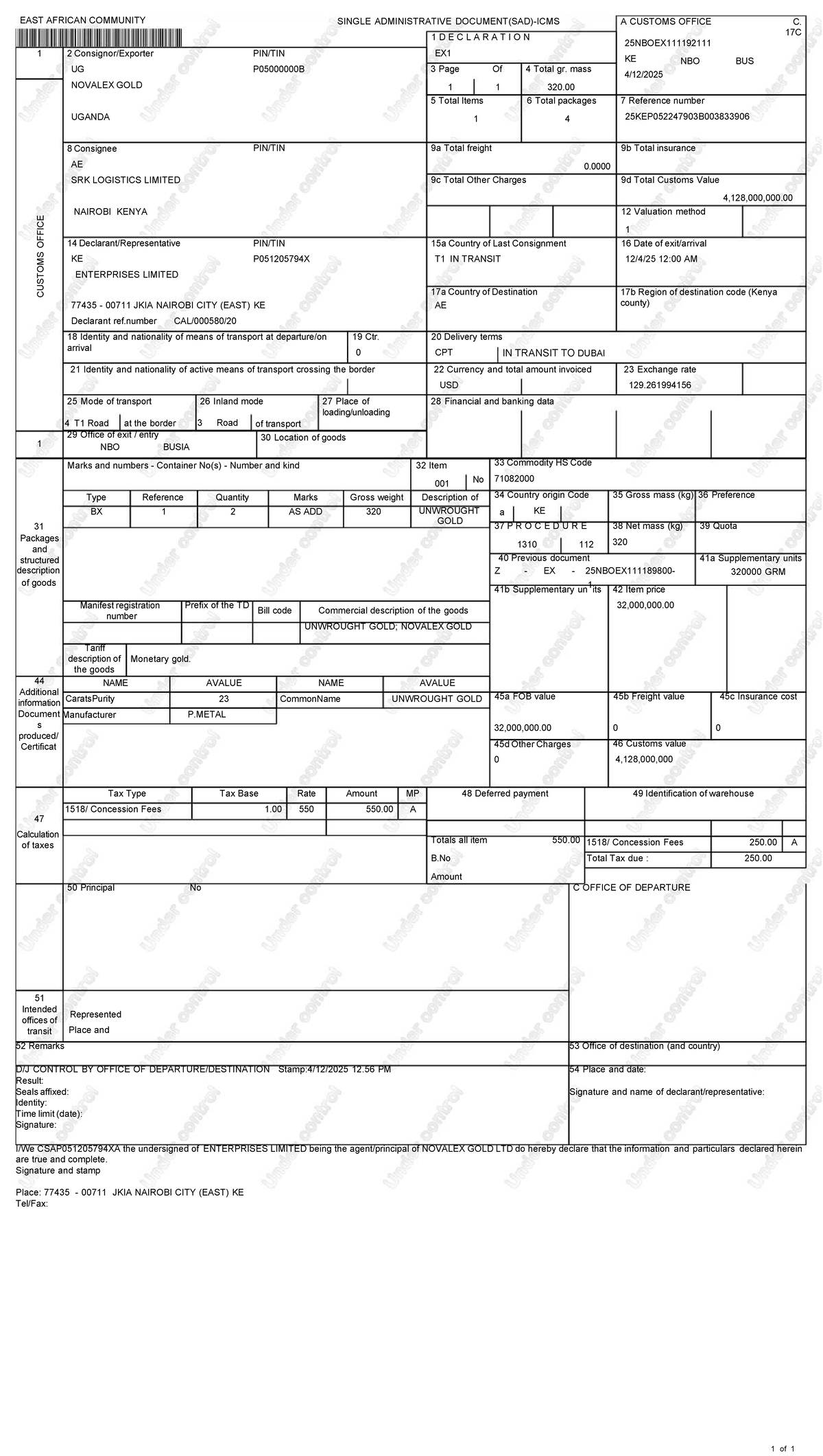EAC Customs Office Declaration - T1 Entry for NOVALEX GOLD - Studocu
